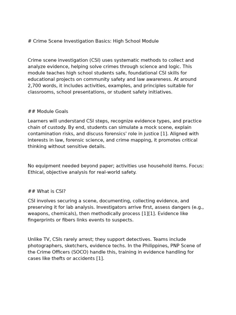 Crime Scene Investigation Basics High School Module | PDF | Forensic ...