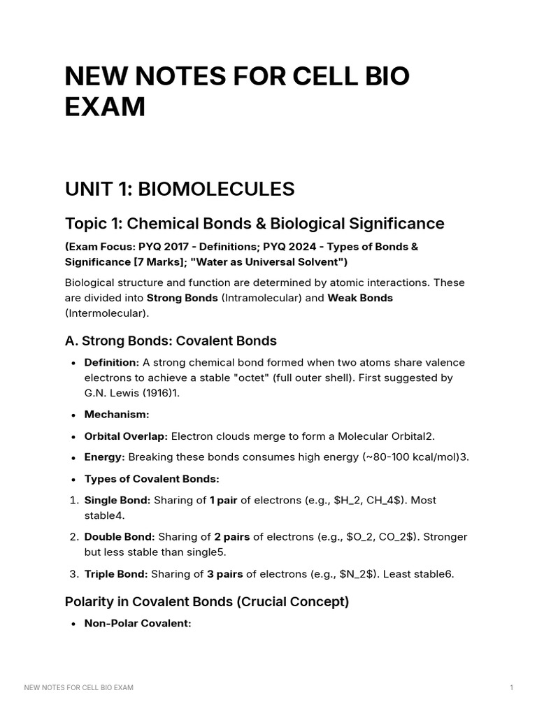 Cell Biology Exam Notes: Biomolecules | PDF | Chemical Bond | Covalent Bond