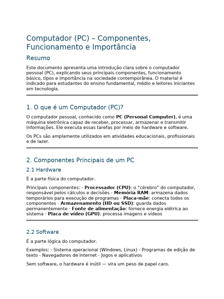 Componentes e Funcionamento do PC | PDF | Hardware de computador | PCs ...