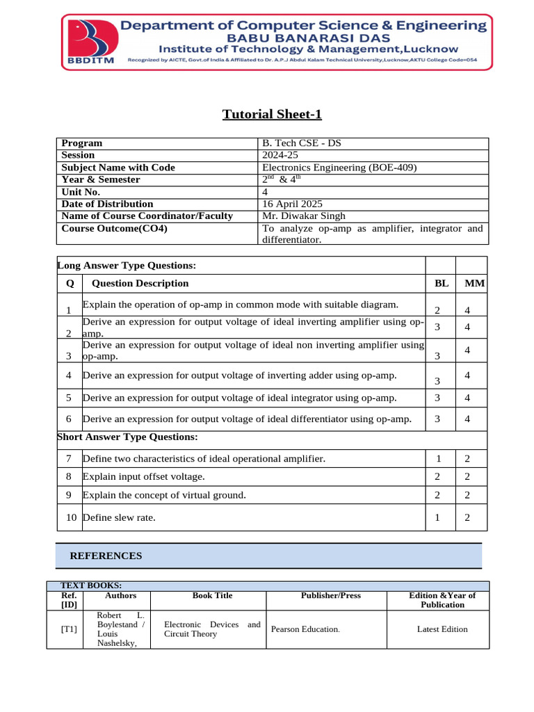 Tutorial Sheet _EE_Unit4 (1) | PDF | Operational Amplifier | Amplifier
