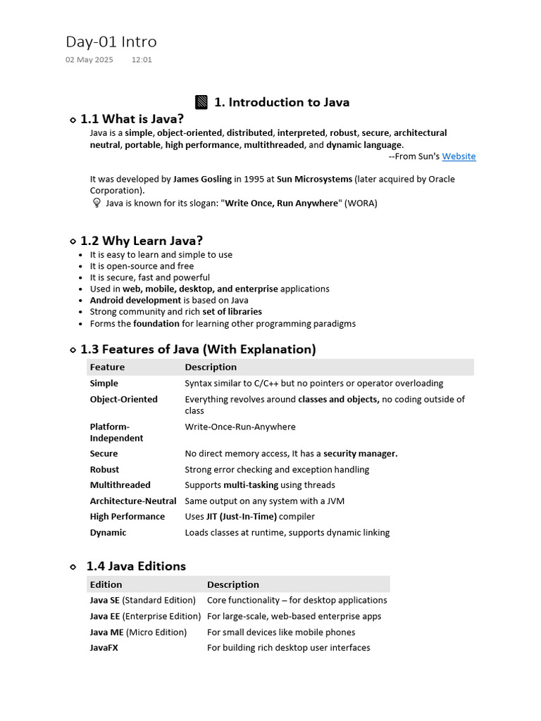 Day 01 Intro | PDF | Java (Programming Language) | Java (Software Platform)