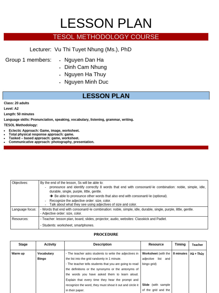 TESOL Lesson Plan: A2 Pronunciation Skills | PDF | English As A Second ...