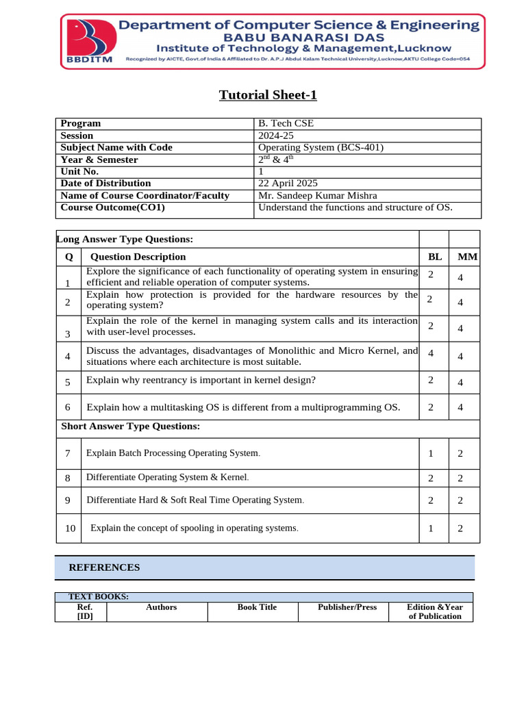 Tutorial Sheet _Unit 1 | PDF | Kernel (Operating System) | Office Equipment
