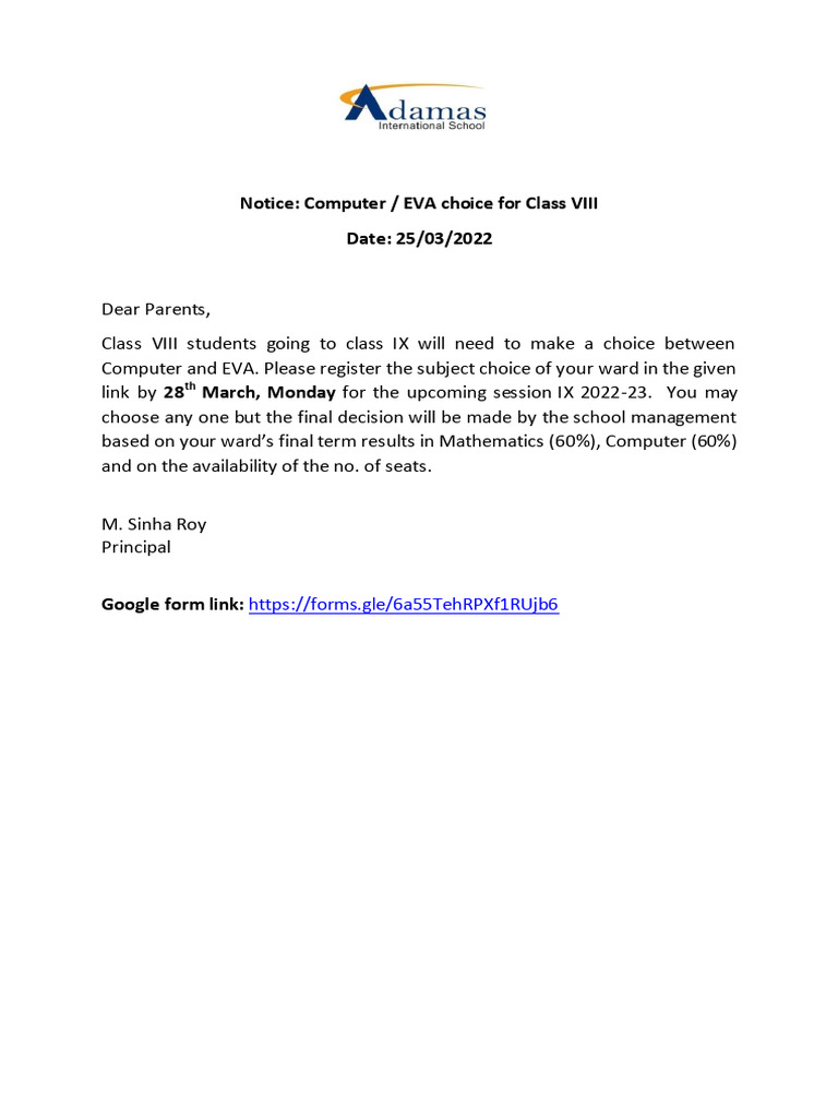 Notice To Parents Comp EVA Choice | PDF