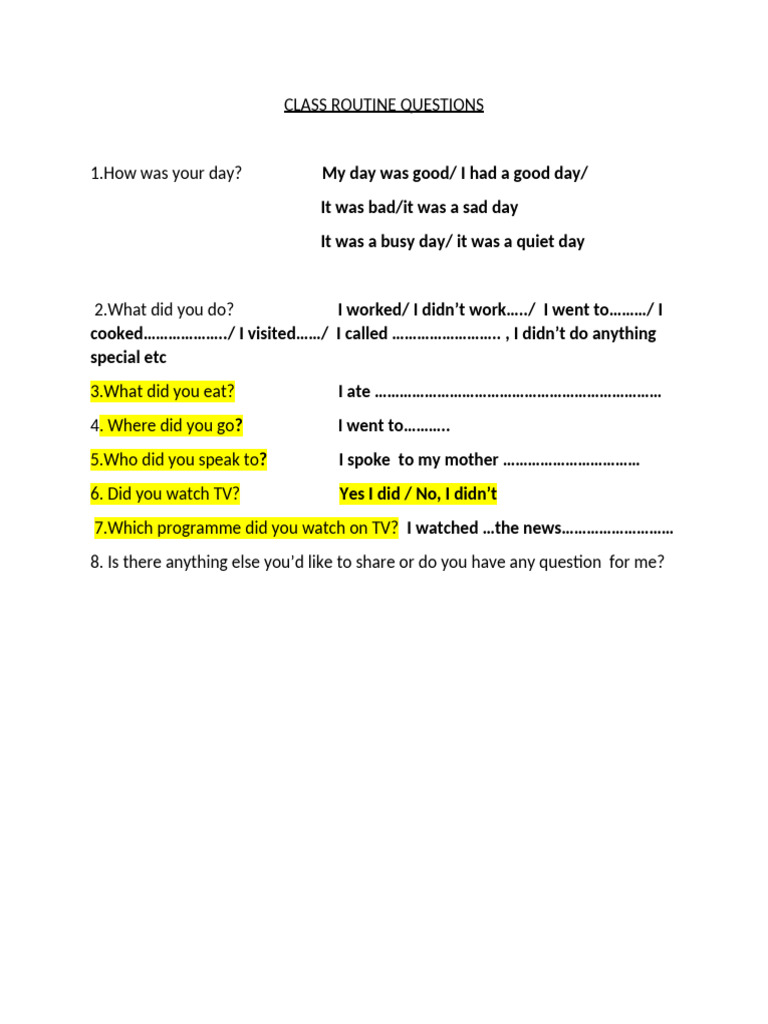 Class Routine Conversation Prompts | PDF