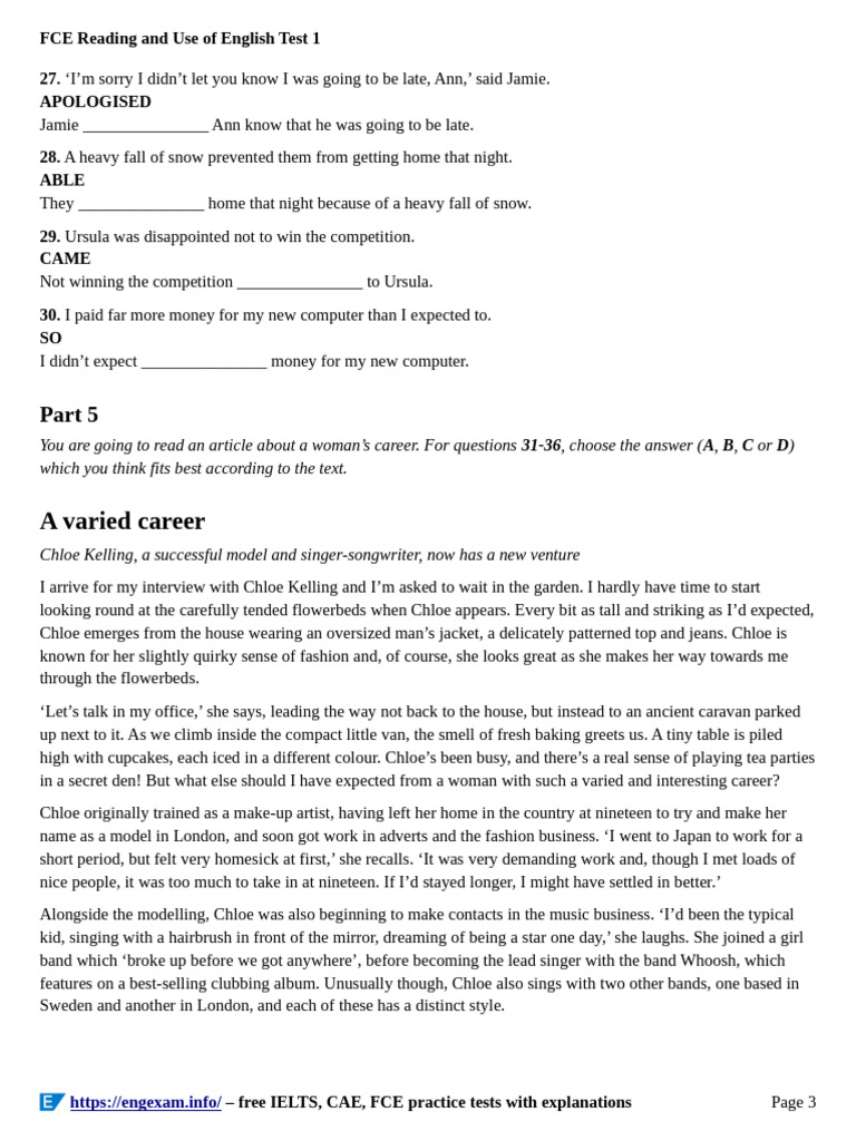 FCE Reading and Use of English Test Guide | PDF | Parachuting | Verb