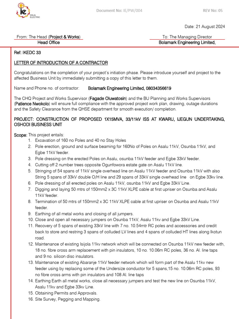 Contractors Letter of Introduction for Proposed 1x15mva, 33_11kv Iss at ...