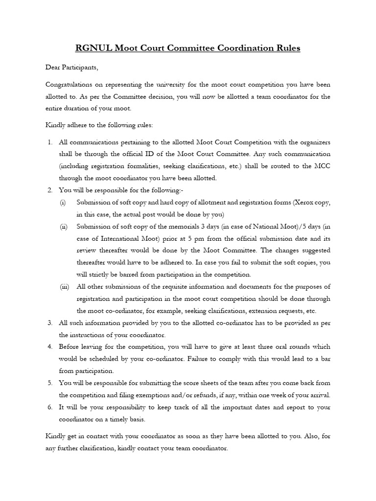 RGNUL Moot Court Coordination Rules | PDF