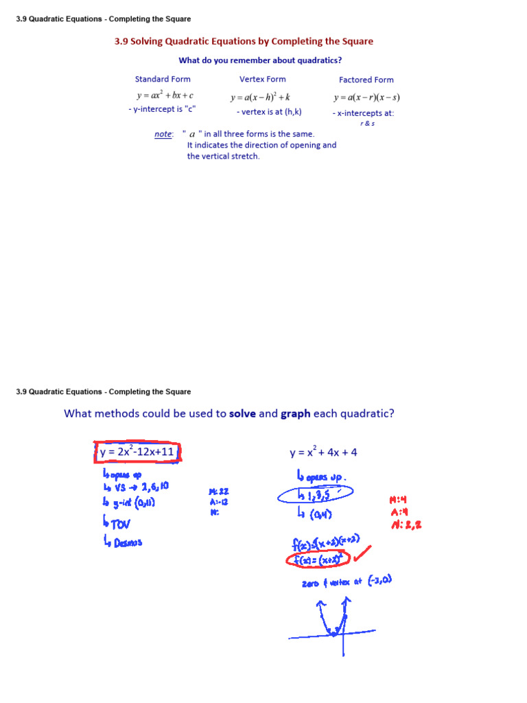 3.9 Quadratic Equations - Completing The Squarexx | PDF