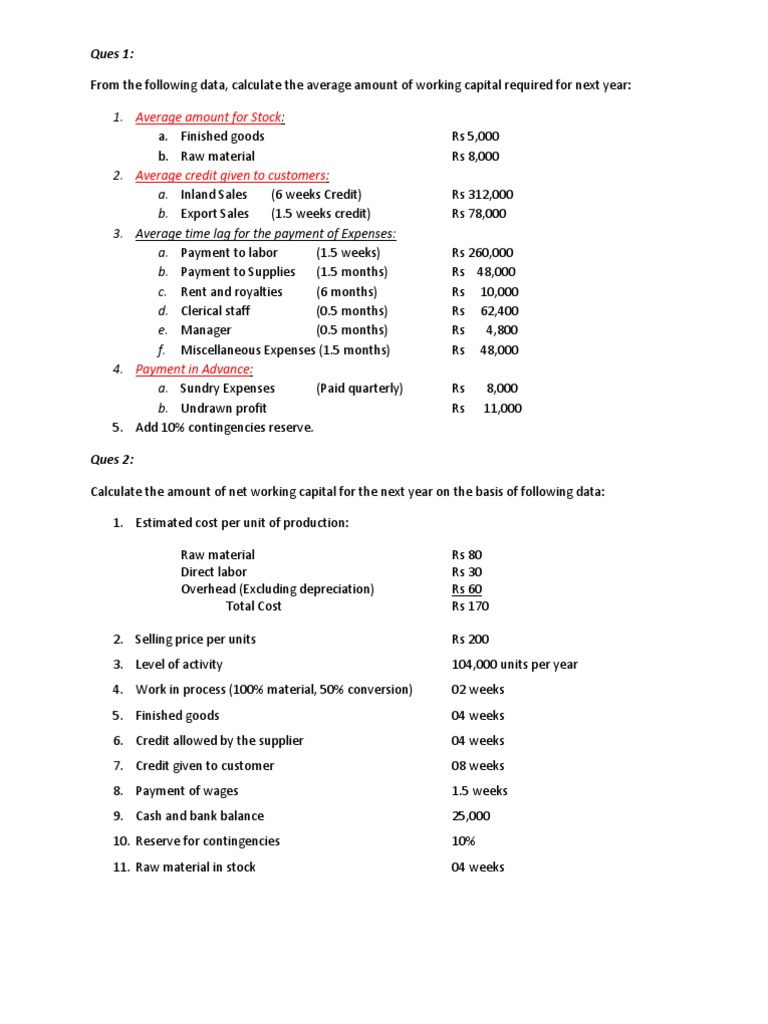 Question of Planning of Working Capital | PDF | Credit (Finance) | Expense