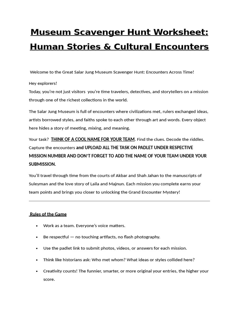 Salarjung Museum Scavenger Hunt Workshee | PDF