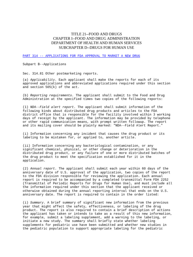 21 CFR 314 Applications For FDA Approval To Market A New Drug | PDF ...
