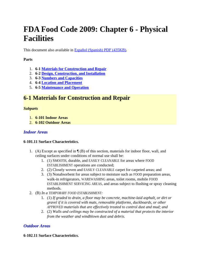 FDA Food Code 2009: Chapter 6 Overview | PDF | Wall | Hand Washing