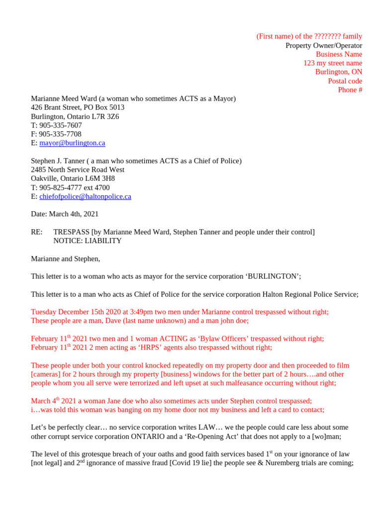 Trespass Letter To Mayor and Chief of Police Template March 1st 2021 ...