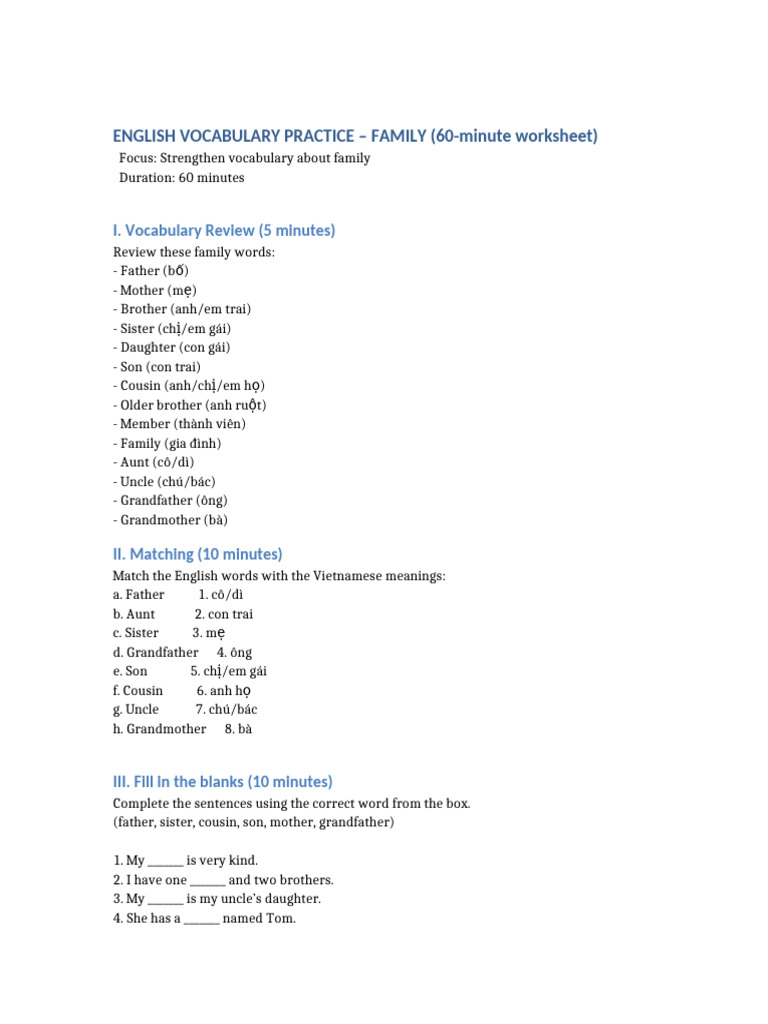 Family Vocabulary Practice Worksheet | PDF