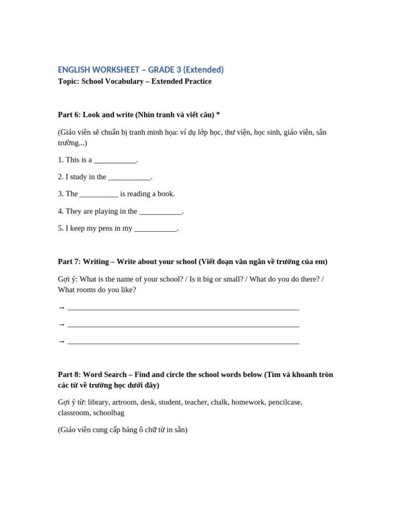 School Vocabulary Extended Practice | PDF
