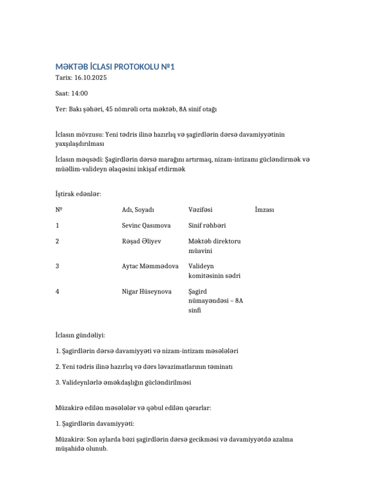 Mekteb Iclasi Protokolu | PDF