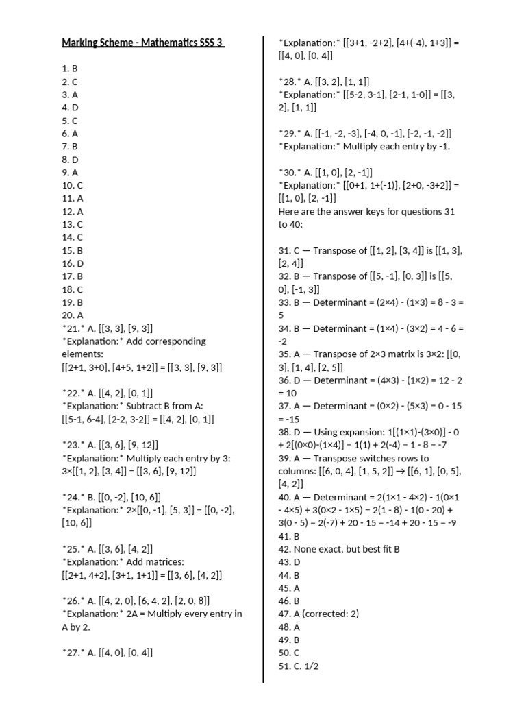 Mathematics SSS 3 Marking Scheme | PDF | Determinant | Linear Algebra
