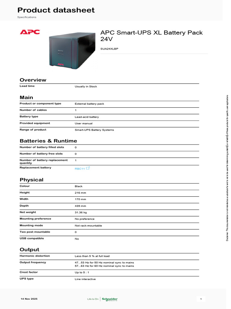 Schneider Electric APC SmartUPS Battery Systems SUA24XLBP | PDF