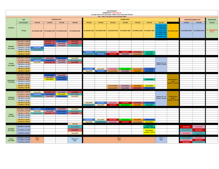 JEE - Time - Table - Week 51 - 15th To 21st December 2025 | PDF