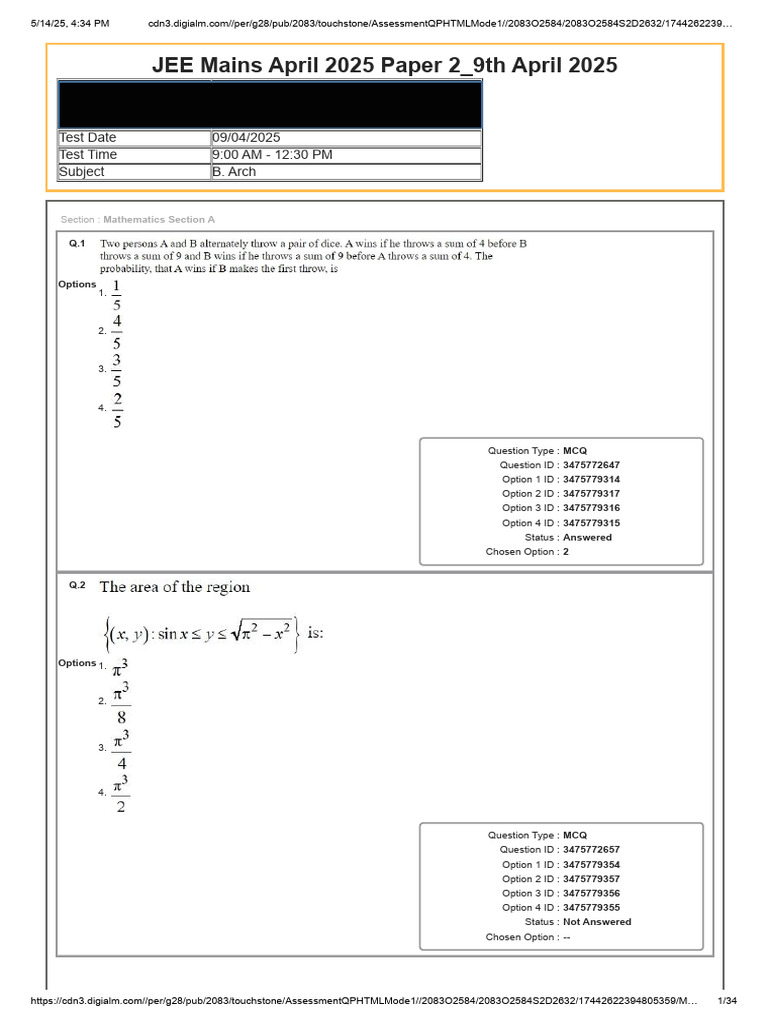 JEE Mains April 2025 B.Arch Exam Details | PDF | Multiple Choice | Tests