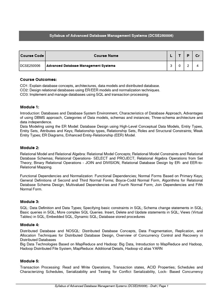 Advanced Database Management Systems Syllabus | PDF | Relational ...