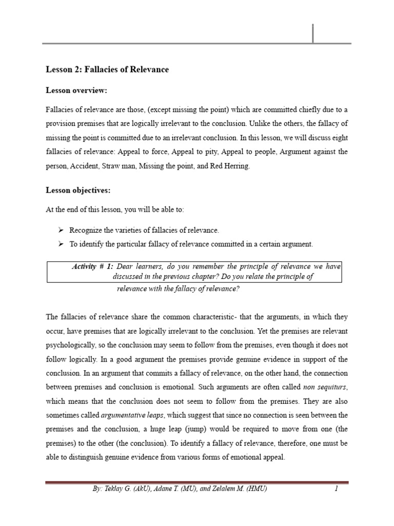 Lesson 2 Fallacies of Relevance | PDF | Fallacy | Argument