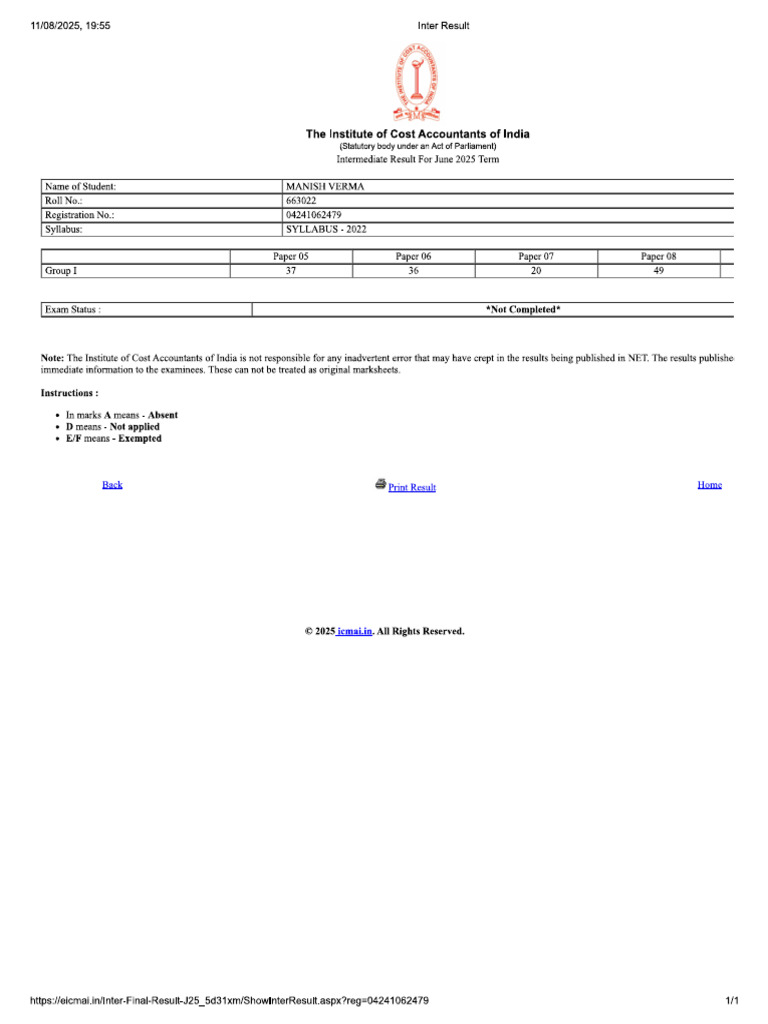 Cma Inter Result | PDF