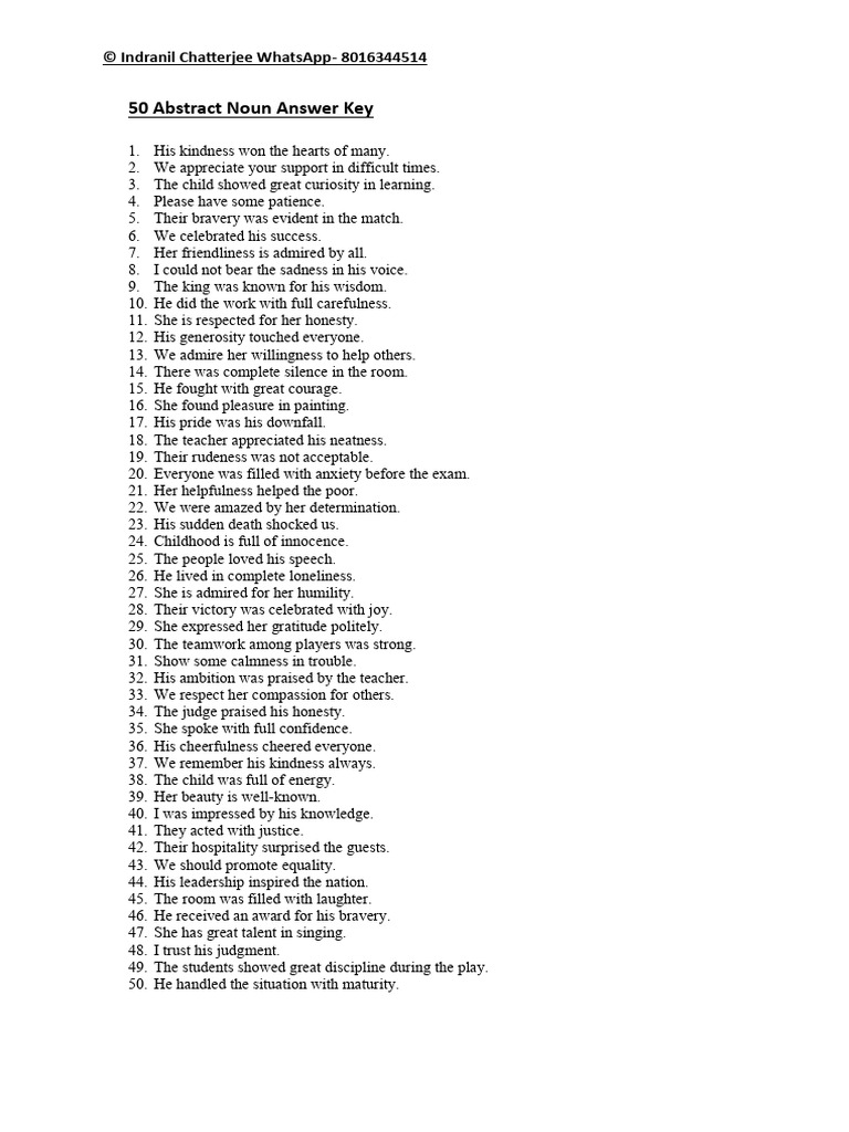 50 Abstract Noun Examples and Answers | PDF