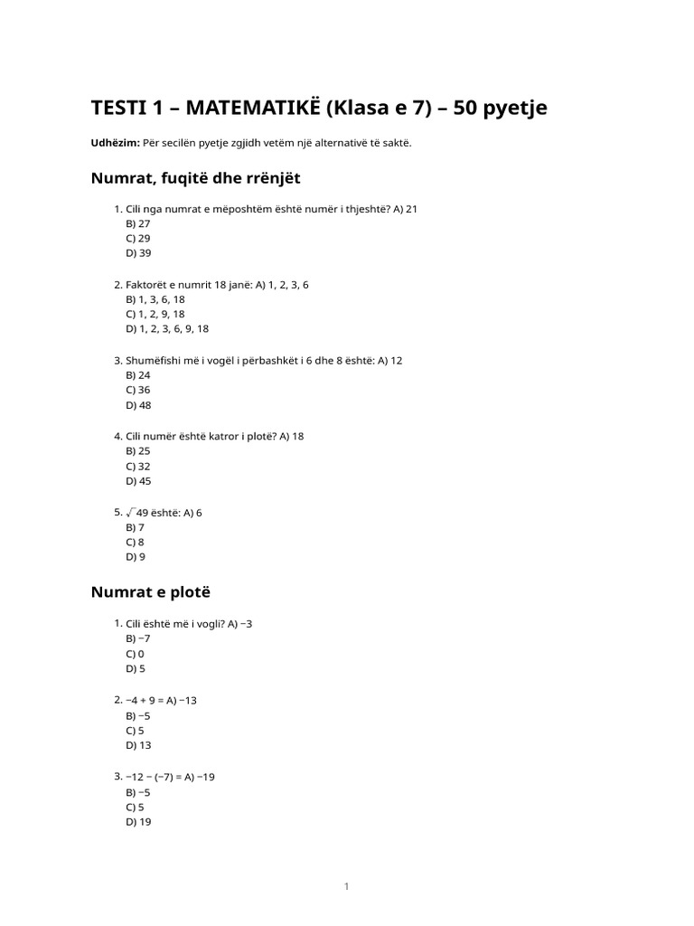 Teste Matematike – Klasa E 7 (100 Pyetje) | PDF