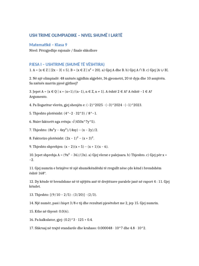 Ushtrime Olimpiade Klasa 9 Nivel Shume I Larte | PDF