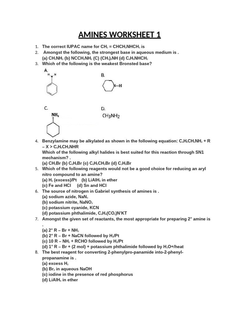 Amines Worksheet: IUPAC, Reactions, and Properties | PDF