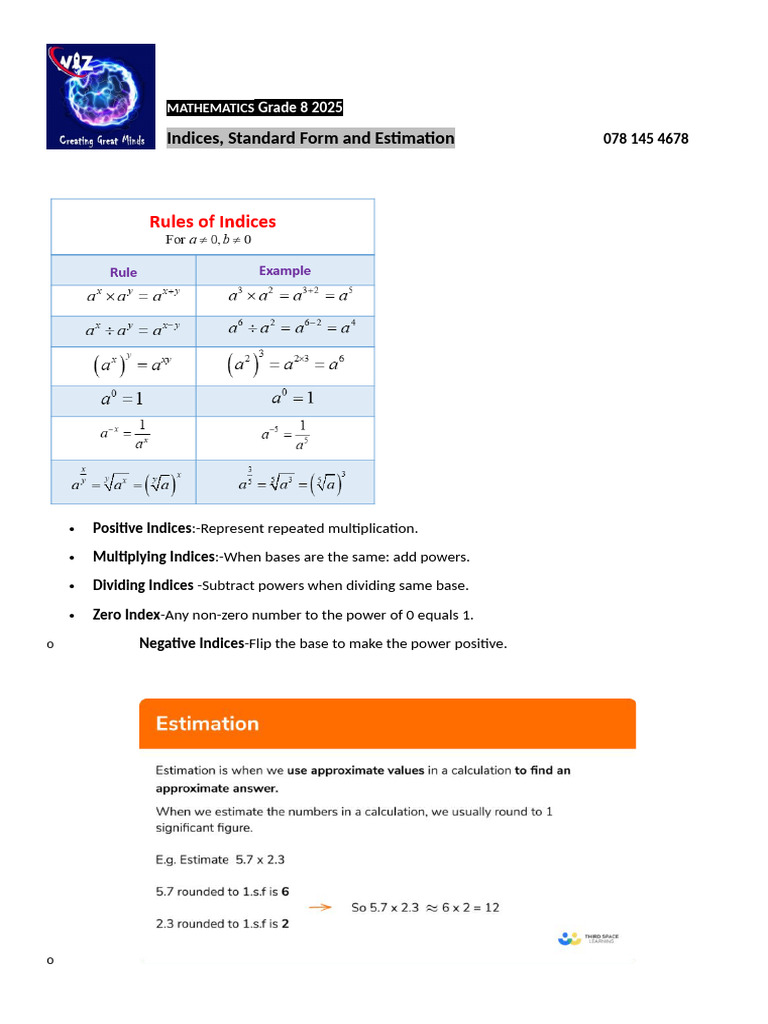 Indices, Standard Form and Estimation | PDF