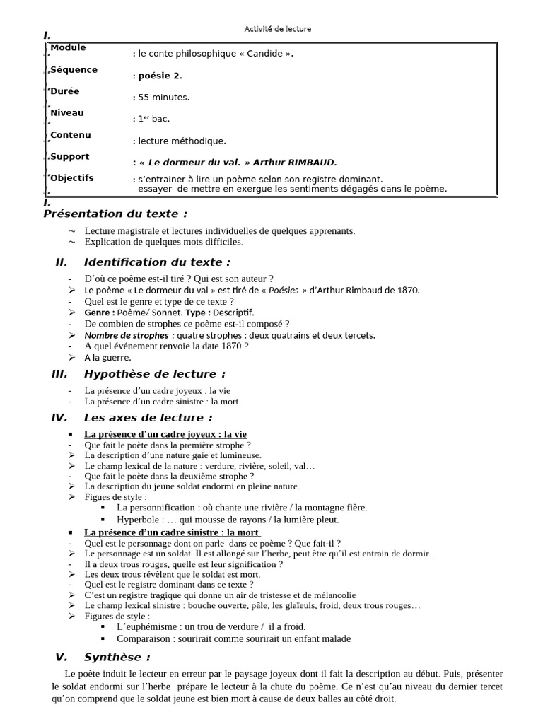 Analyse du poème "Le dormeur du val" | PDF | Poésie