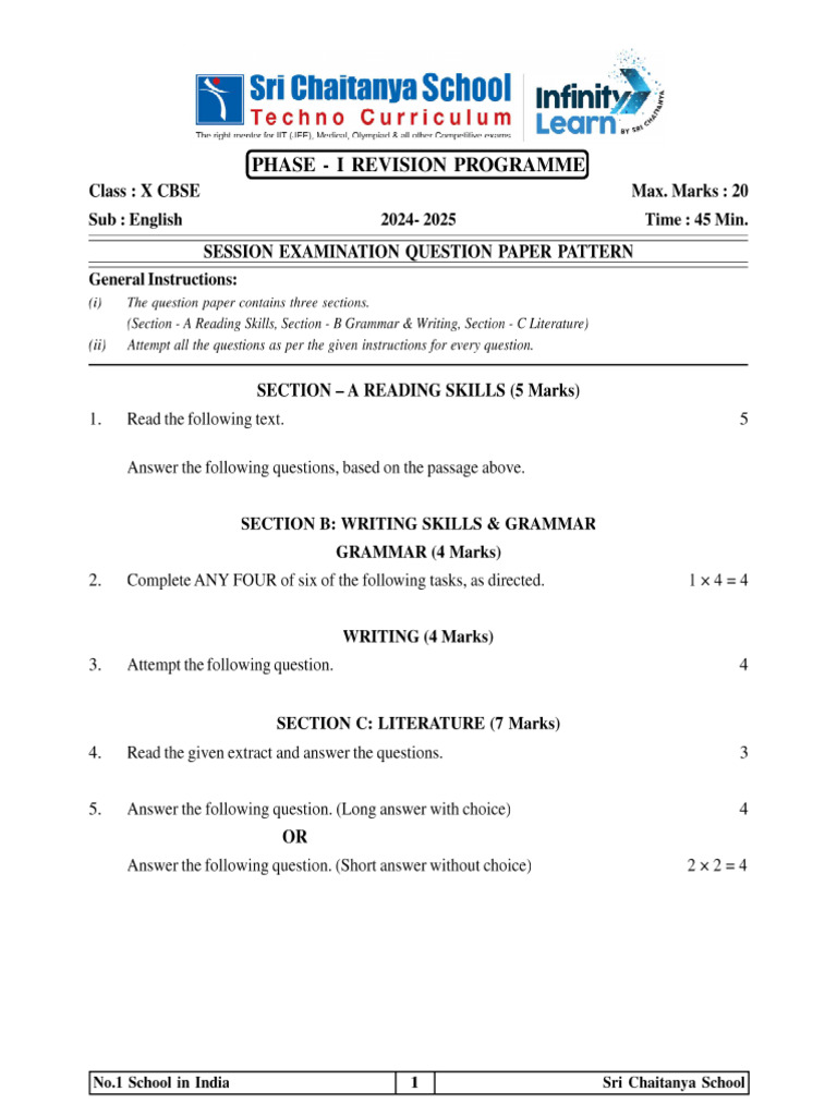 Cbse English Clas X Session Examination Question Paper Pattern | PDF