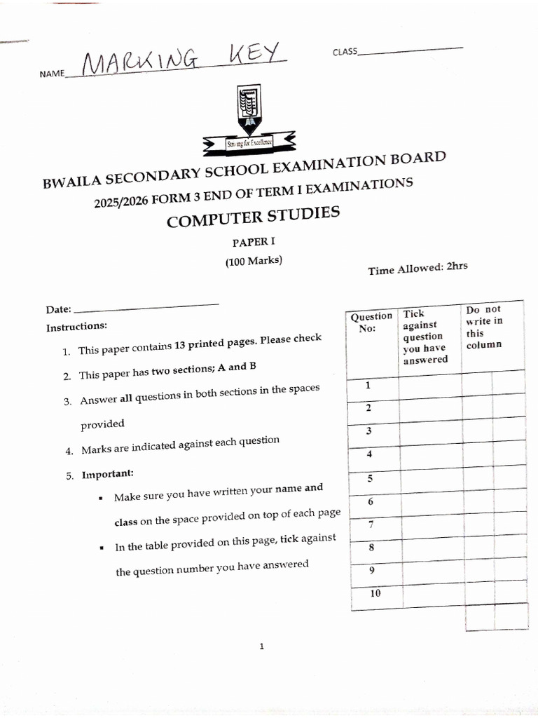 Form 3 and 2 Marking Key Paper 1 | PDF