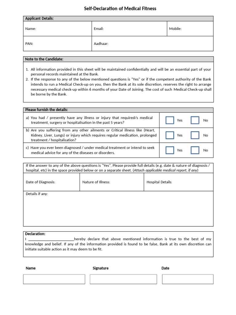 Self Declaration of Medical Fitness | PDF