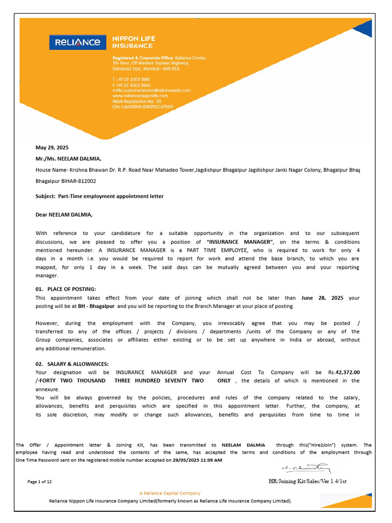 Part-Time Insurance Manager Offer Letter | PDF | Employment | Indemnity