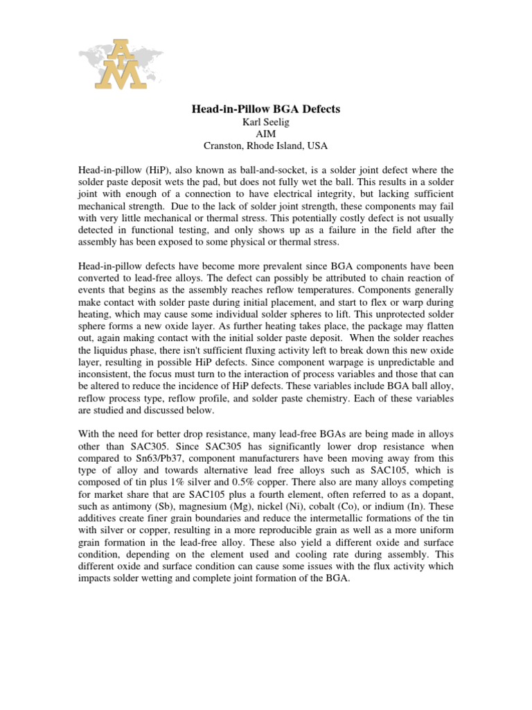 Head in Pillow BGA Defects | PDF | Solder | Soldering