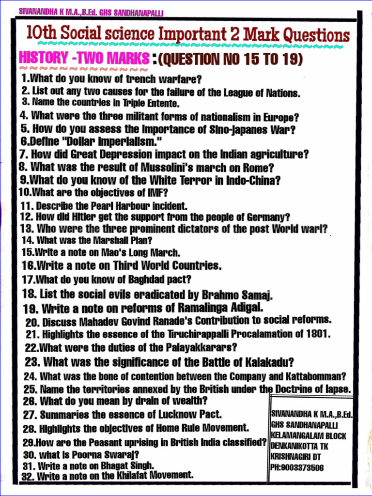 10th Social EM Public Exam Important 2 Mark Questions English Medium ...