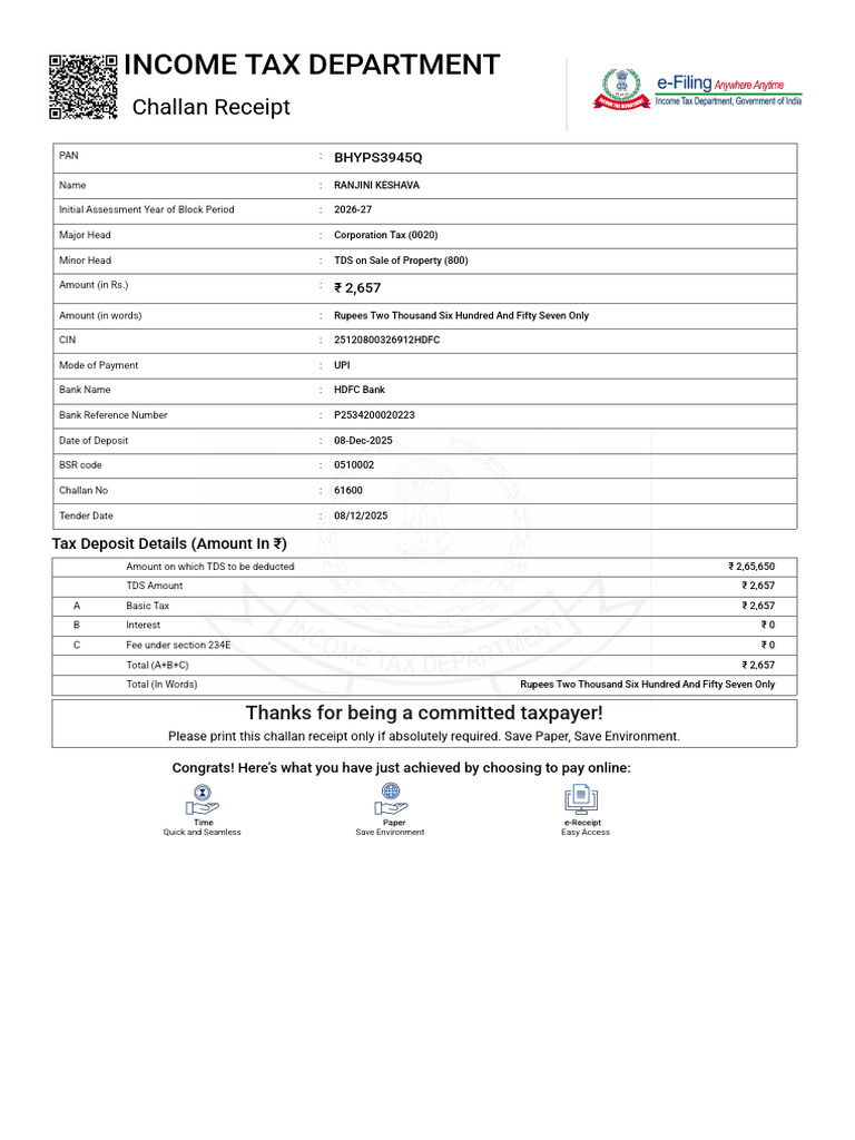 TDS Payment Challan Receipt 2026-27 | PDF | Taxes | Receipt