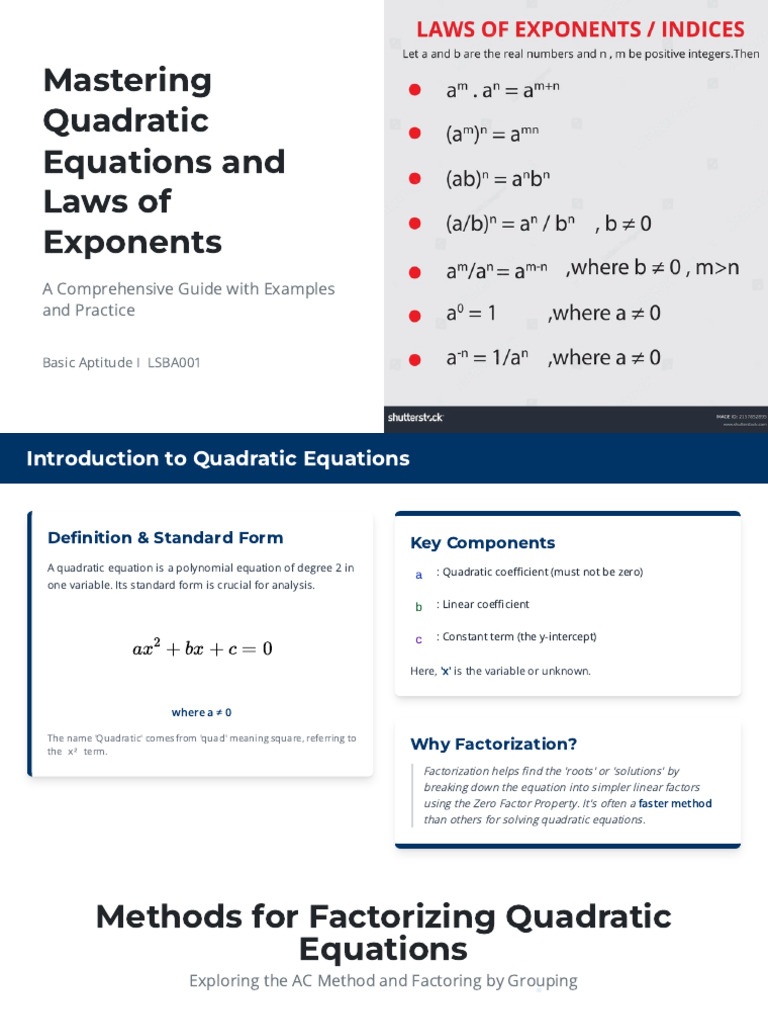 Quadratic Equations and Laws of Exponents. | PDF | Factorization ...