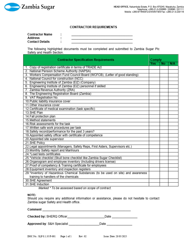 Contractor Safety Requirements Checklist | PDF | Occupational Safety ...