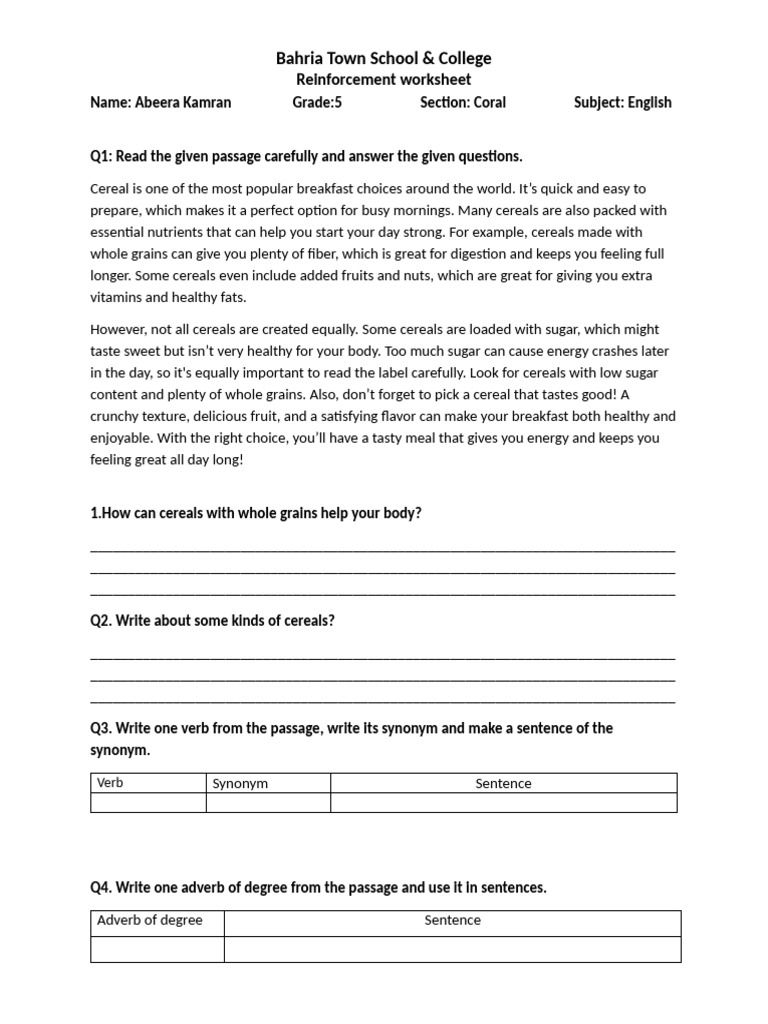 English Grand worksheet | PDF | Whole Grain | Cereals