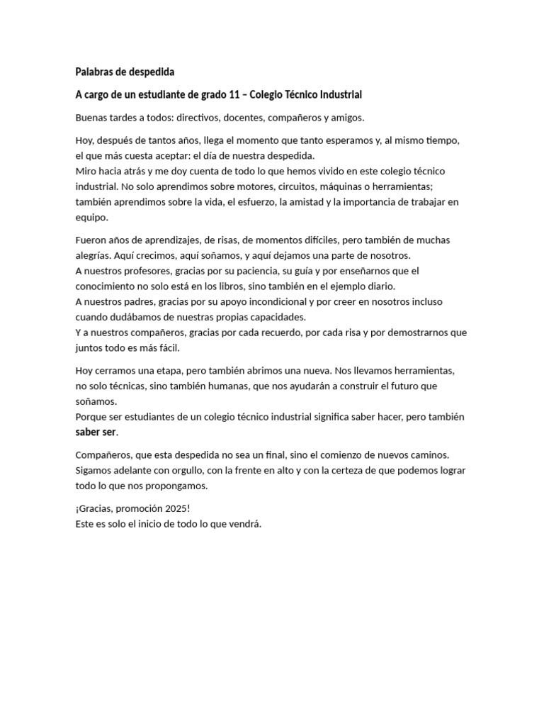 Palabras de Despedida GRADO 11 | PDF