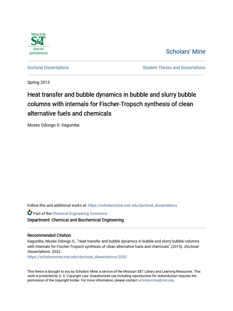 Heat Transfer in Fischer-Tropsch Columns | PDF | Physical Phenomena ...