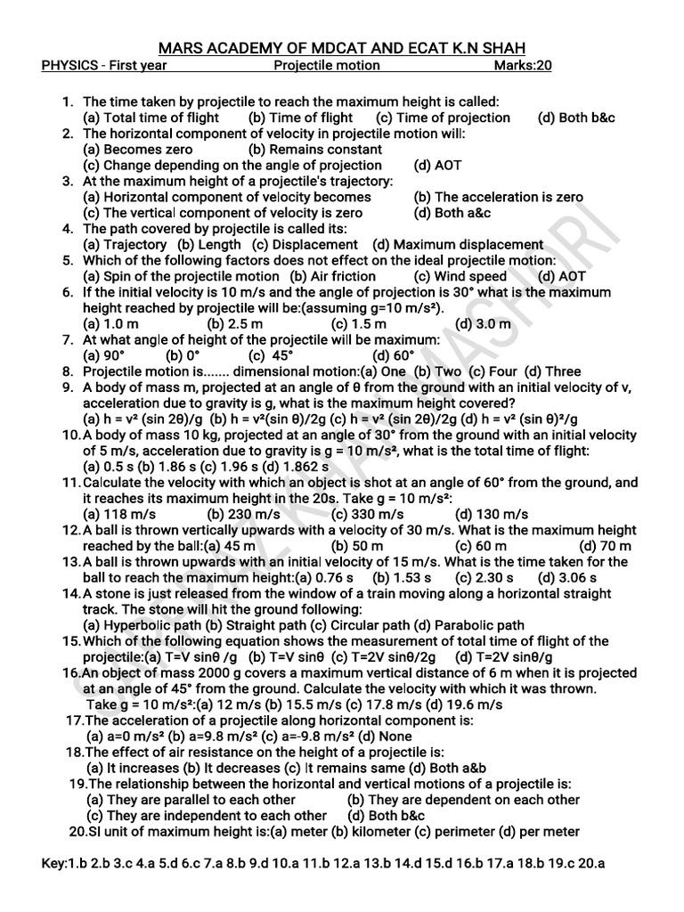 Class Xi Projectile Motion Test -1 | PDF | Projectiles | Mechanical ...