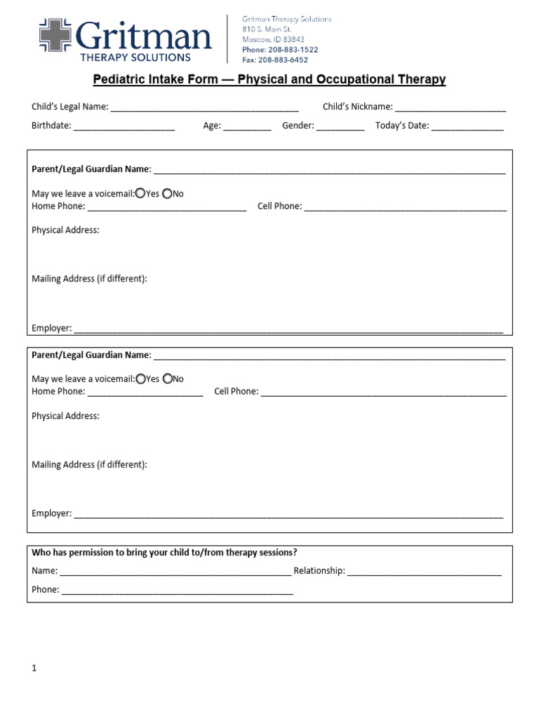 Pediatric Occupational and Physical Therapy Forms | PDF | Health ...