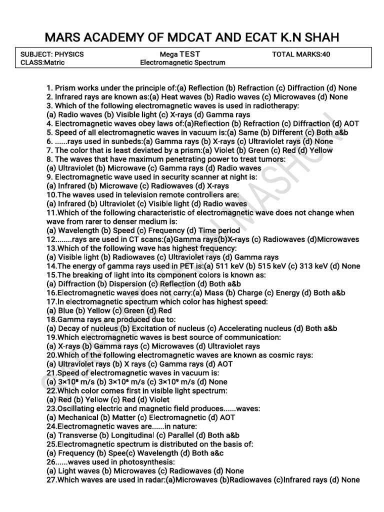 Electromagnetic Spectrum X Mega Test | PDF | Electromagnetic Radiation ...