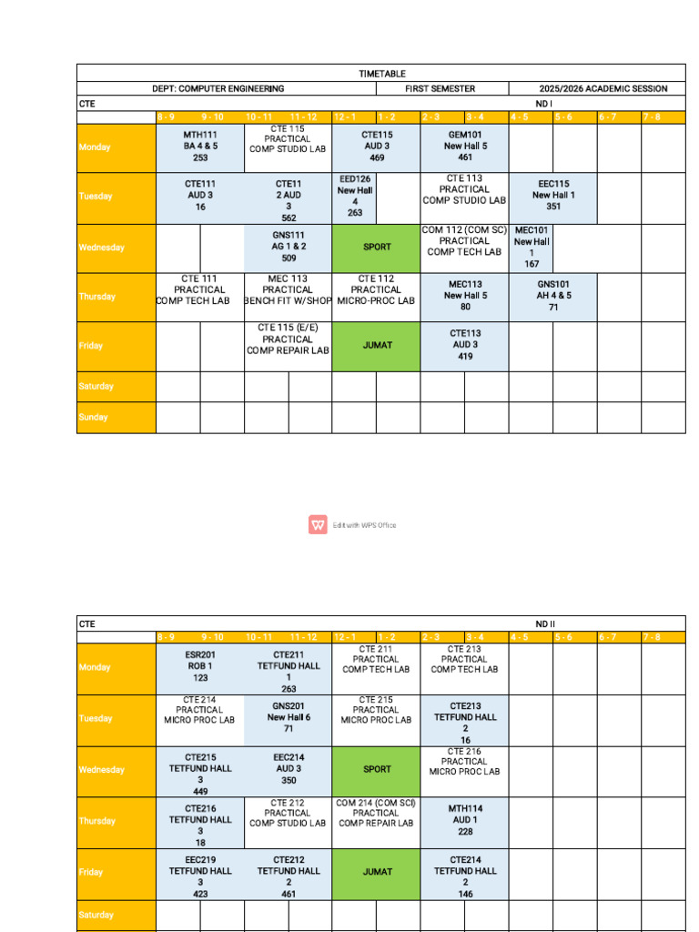 Cte Prac Timetable 2025-2026 | PDF